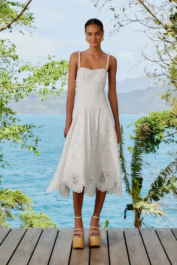 Farm Rio Richilieu Eyelet Midi Dress In Off-White Editorialist