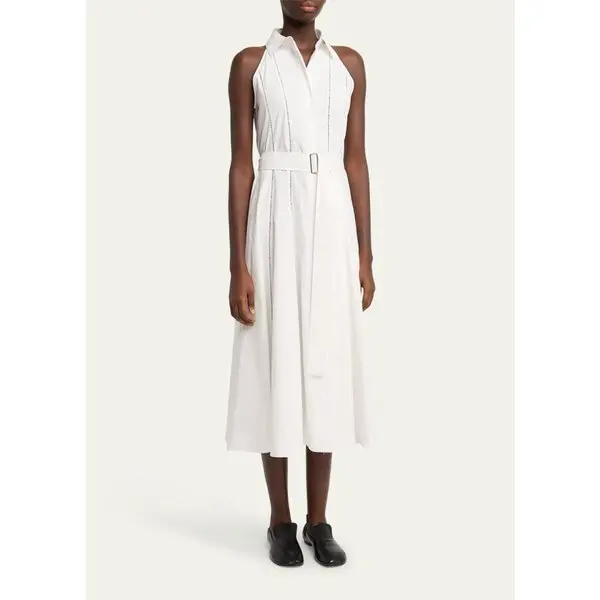 Proenza Schouler Belted Ladder Stitch Poplin Midi Dress - White