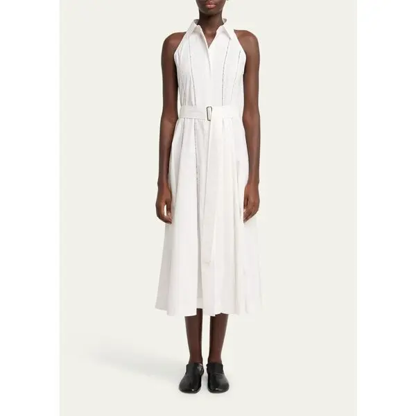 Proenza Schouler Belted Ladder Stitch Poplin Midi Dress - White