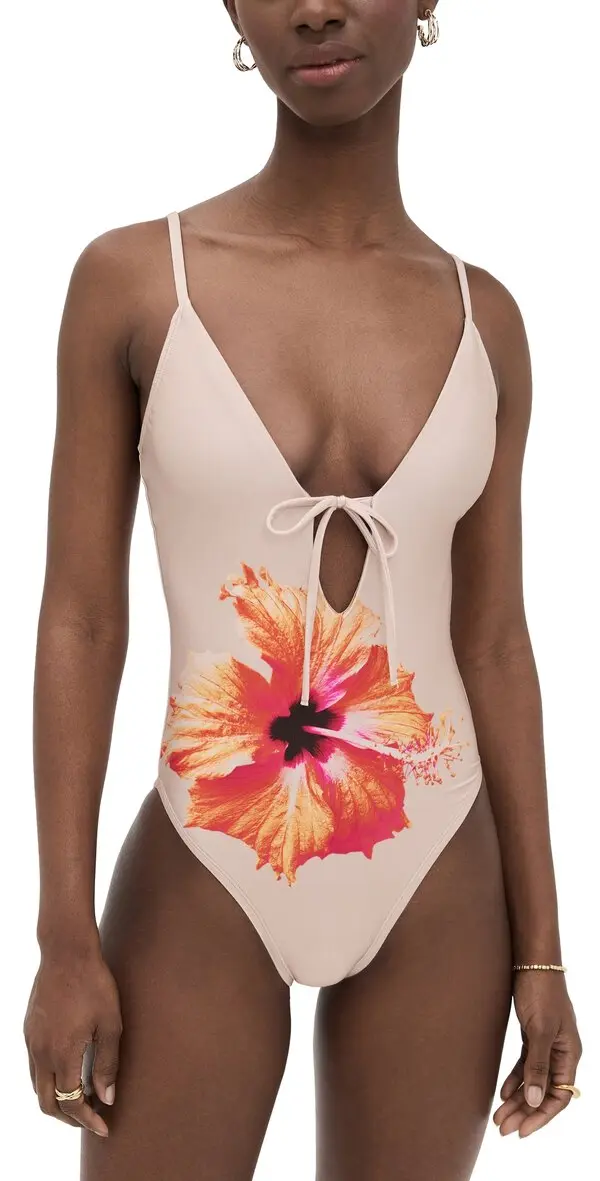 Good American Satin Deep Dive One Piece - Champagne Tropical Hibiscus