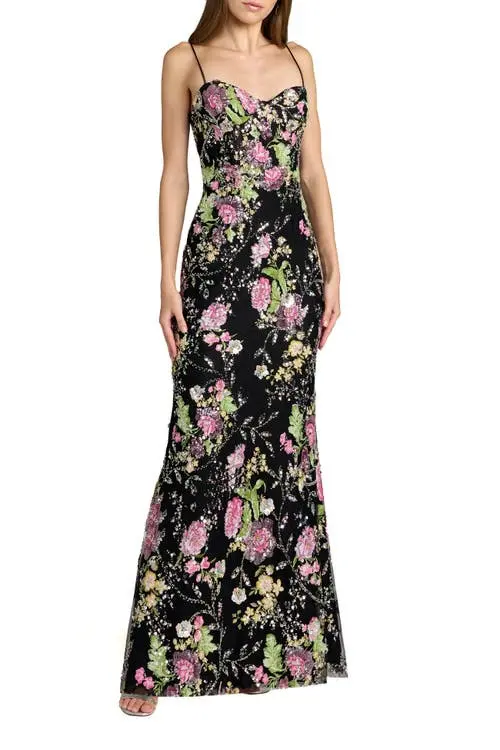 Mac Duggal Embellished Bustier Floral Trumpet Gown - Black Multi