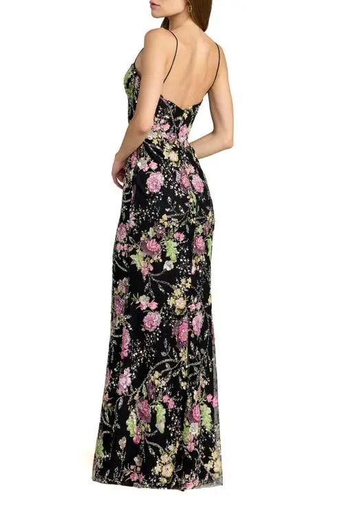 Mac Duggal Embellished Bustier Floral Trumpet Gown - Black Multi