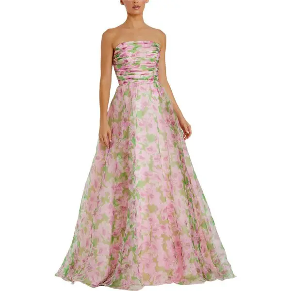 Mac Duggal Strapless Chiffon Gown With Ruffle Detail - Pink Multi