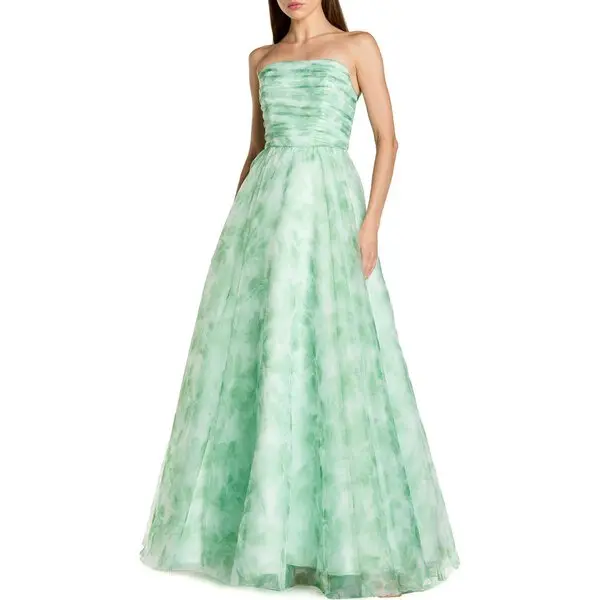 Mac Duggal Strapless Chiffon Gown With Ruffle Detail - Sage Multi