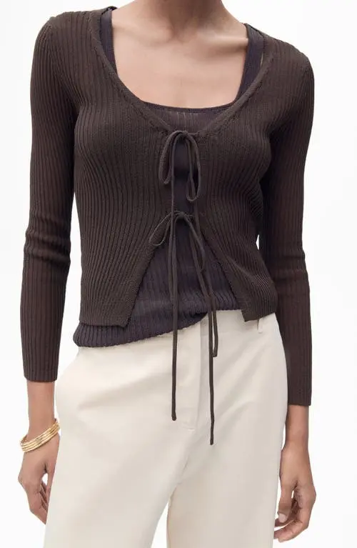 Mango Ribbed Cotton Blend Tie-front Cardigan - Chocolate