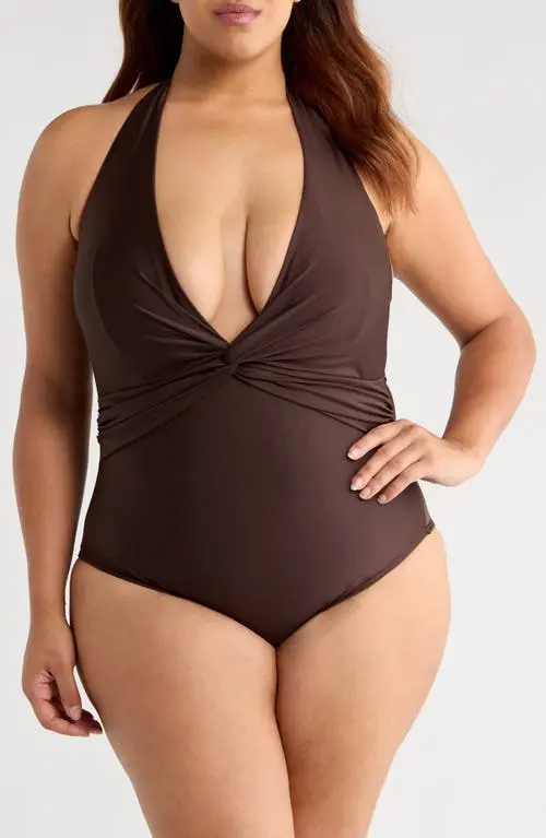 Mango Drape Halter One-piece Swimsuit - Chocolate