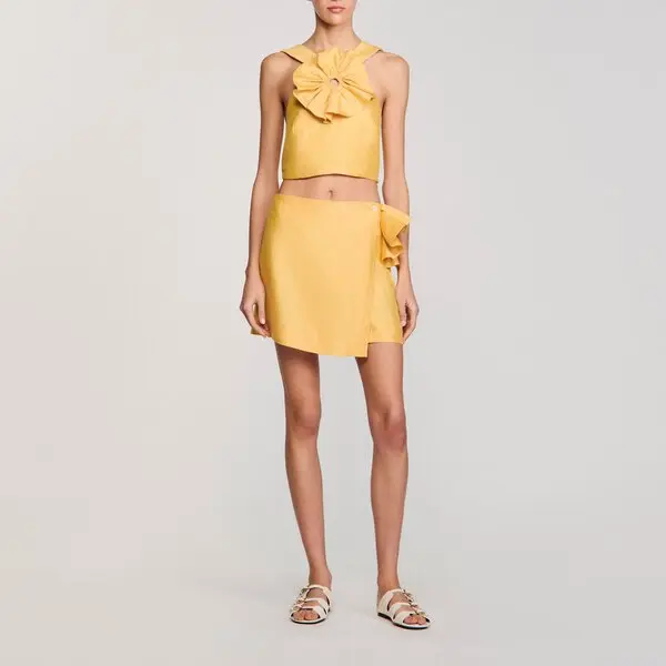 Sandro Ruffled Flower Crop Top - Straw