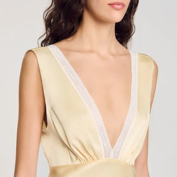 Sandro Satin-effect Maxi Dress With Lace Trim