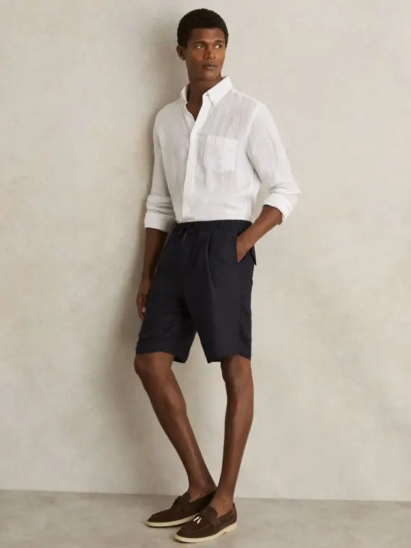 REISS Linen Drawstring Shorts - Navy