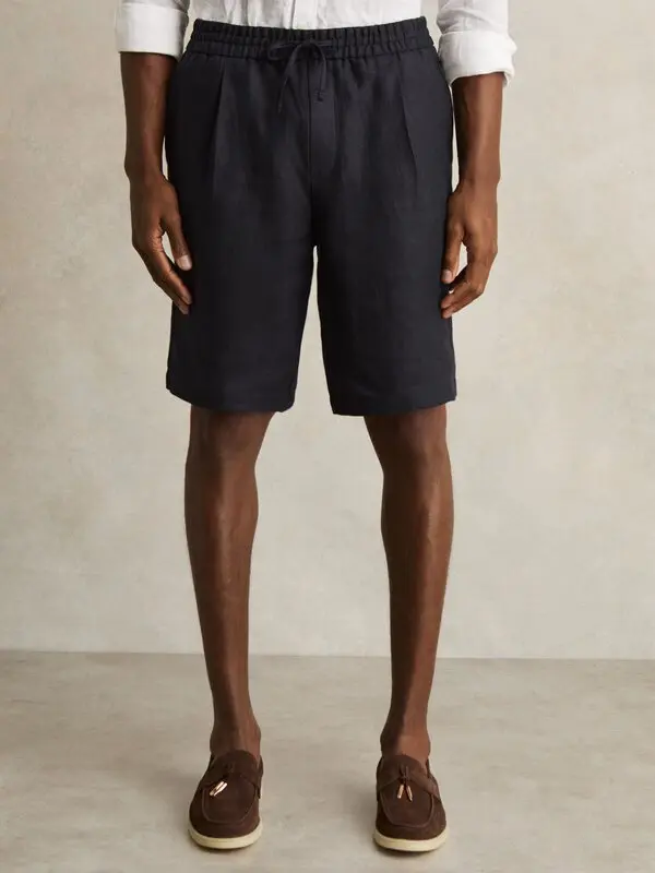 REISS Linen Drawstring Shorts - Navy