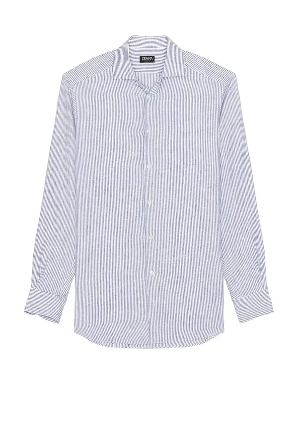 Zegna Oasi Lino Shirt In White - Navy Blue & White