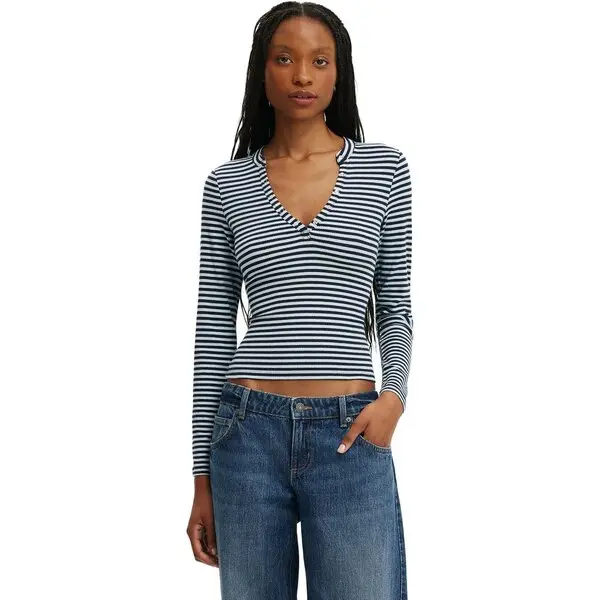 COTTON ON Ryan Henley Long Sleeve Top - Madi Stripe Seaside Blue