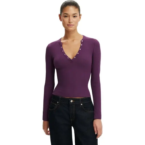 COTTON ON Ryan Henley Long Sleeve Top - Plum Pulse