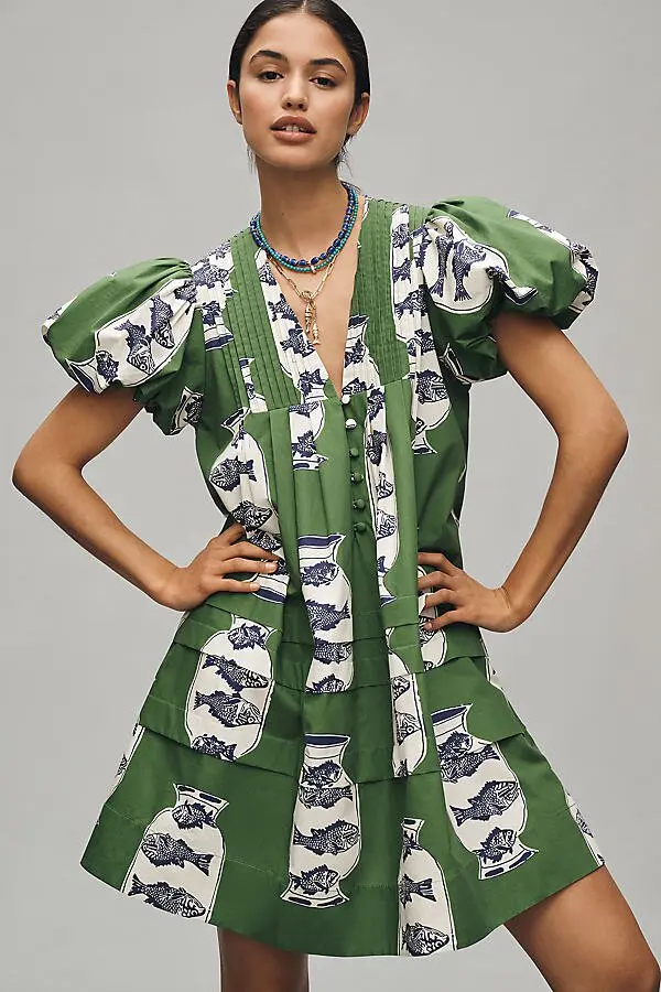 Hunter Bell Wilkes Puff-Sleeve Babydoll Dress - Green | Editorialist