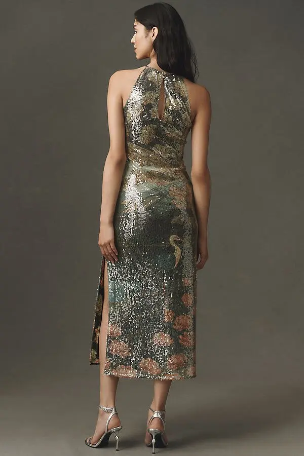 Bhldn Paula Halter Printed Sequin Midi Dress - Black Pattern