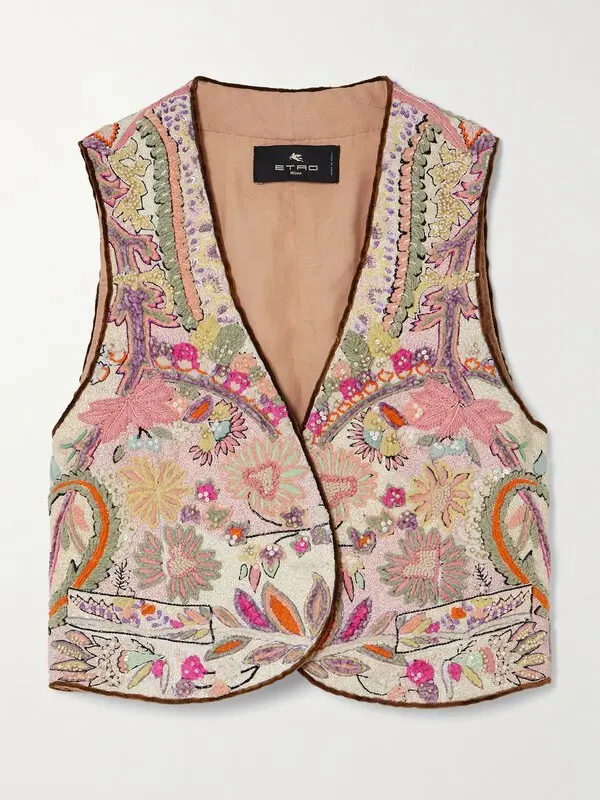 Etro Cropped Embellished Linen-bouclé Vest - Pink
