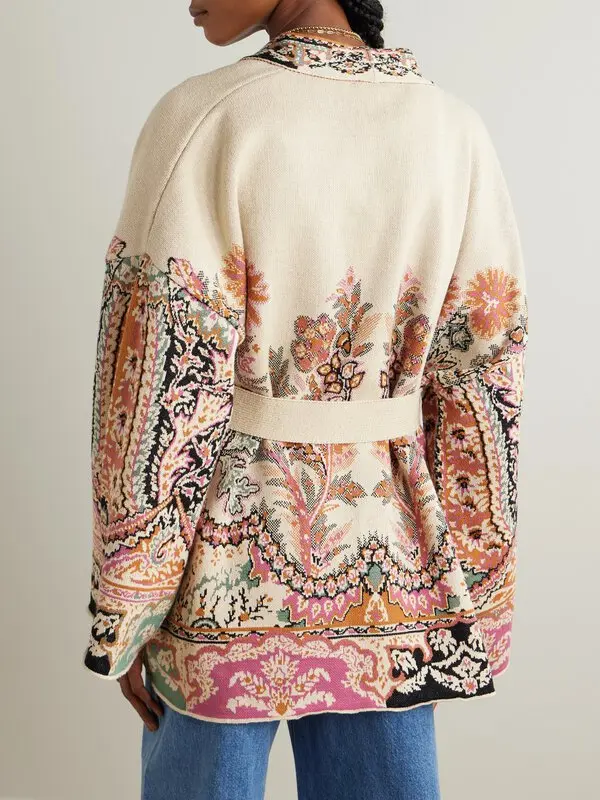 Etro Belted Silk, Cotton, And Linen-jacquard Cardigan - Cream