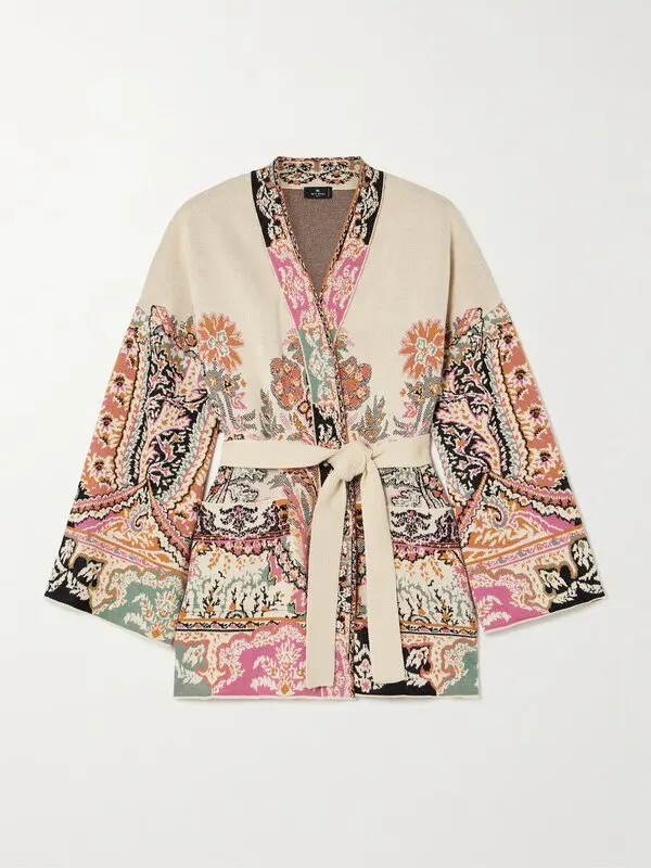 Etro Belted Silk, Cotton, And Linen-jacquard Cardigan - Neutrals