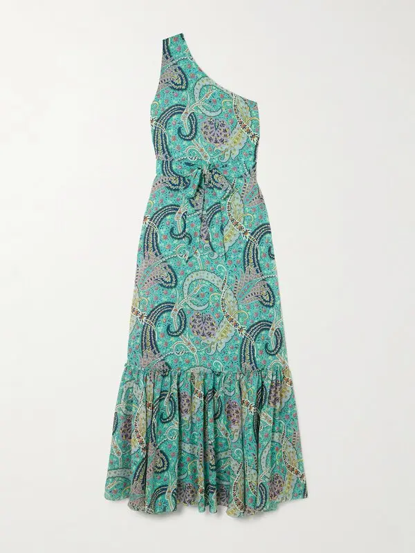 Etro One-shoulder Belted Printed Satin-jacquard Maxi Dress - Blue