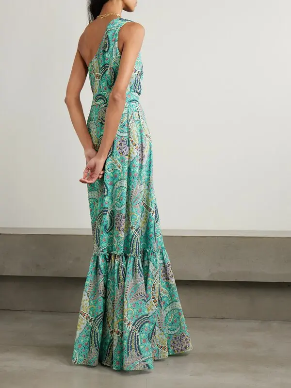 etro one shoulder dress One-shoulder Belted Printed Satin-jacquard Maxi Dress