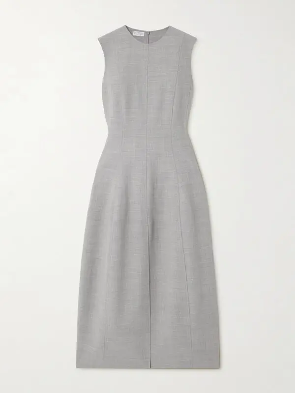 Brunello Cucinelli Paneled Wool Midi Dress - Gray