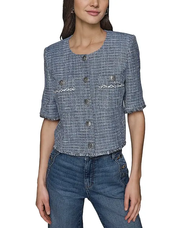 Karl Lagerfeld Paris Short Sleeve Tweed Jacket - Chambray Blue