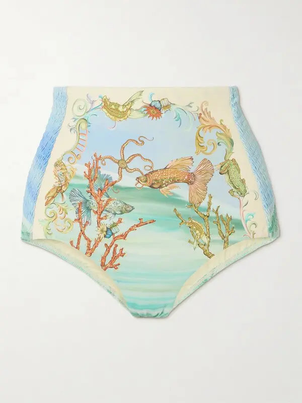 ALEMAIS Emerald Cove Shirred Printed Bikini Briefs - Blue