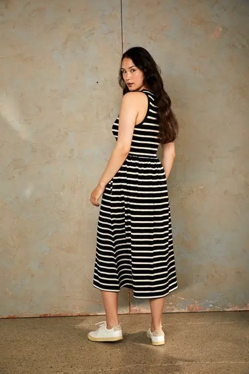 THE BSHIRT Racer Back Gathered Dress - Black / White Stripe