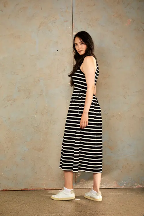 THE BSHIRT Racer Back Gathered Dress - Black / White Stripe