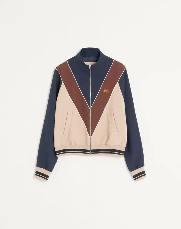 Valentino Garavani Nylon Zip-up Sweatshirt With Vlogo Patch - Blue/hazelnut/butter
