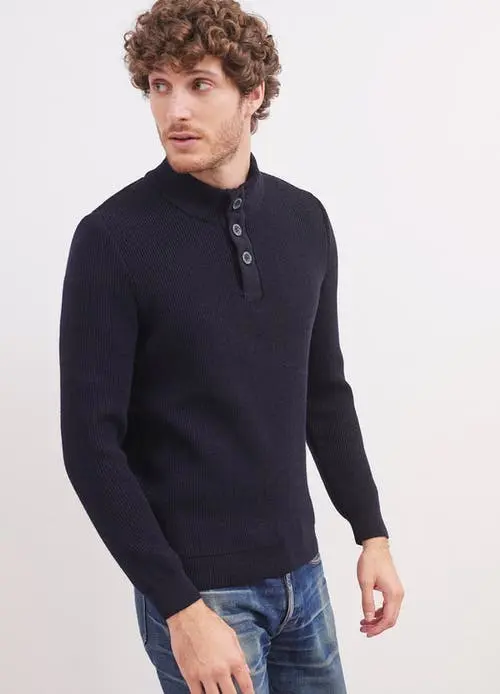 Saint James Bourboule Buttoned High Neck Sweater - Navy