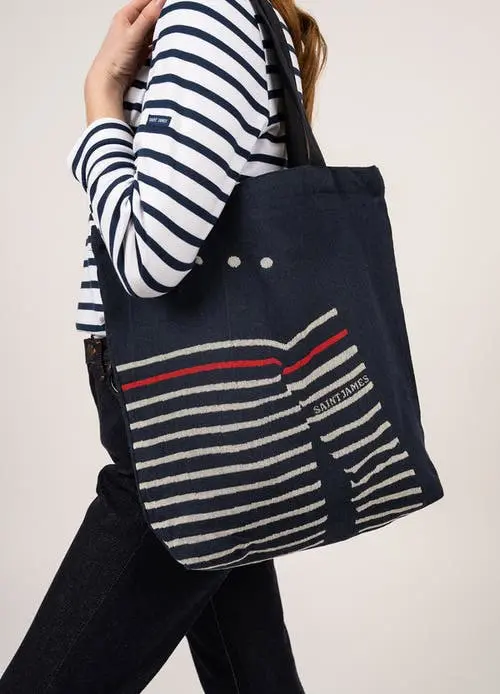 Saint James Striped Tote Bag In Recycled Cotton - Navy/ecru
