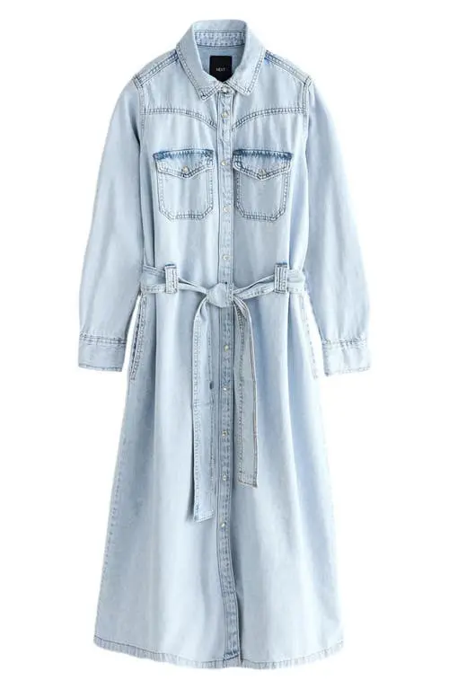 NEXT Tie Waist Long Sleeve Denim Maxi Dress