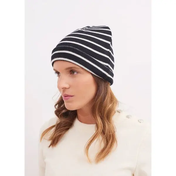 Saint James Striped Wool Blend Beanie - Navy /ivory