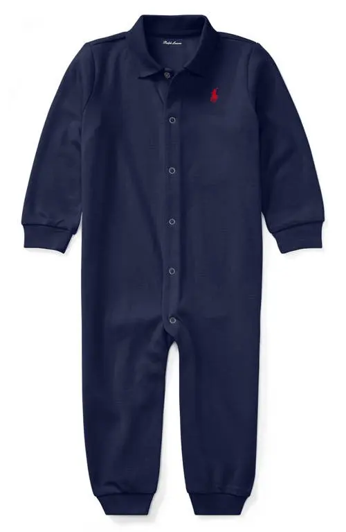 Ralph Lauren Solid Cotton Interlock Polo Romper - Refined Navy