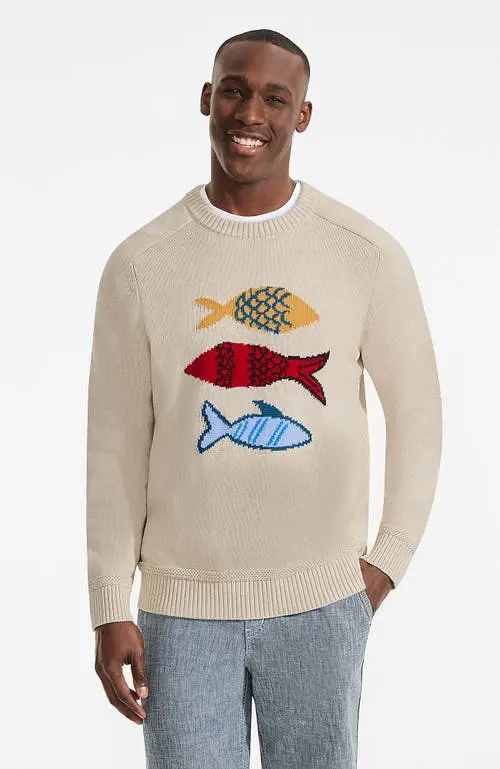 LANDS' END Classic Cotton Drifter Signal Flags Crew Neck Sweater - Fish/aged Birch Heather
