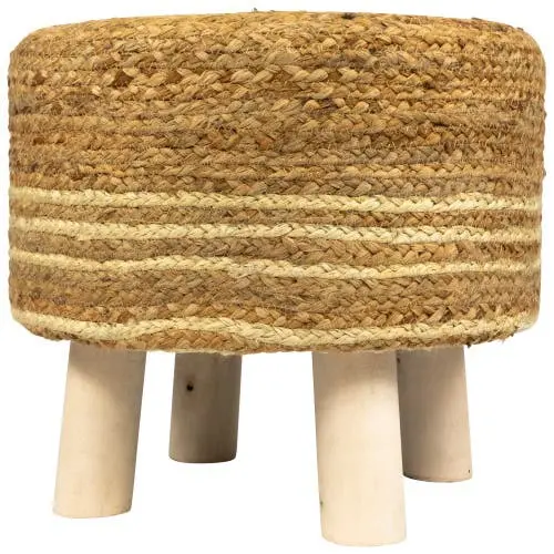 NORTHLIGHT 15" Braided Jute And Wood Handmade Three Legged Foot Stool - Beige