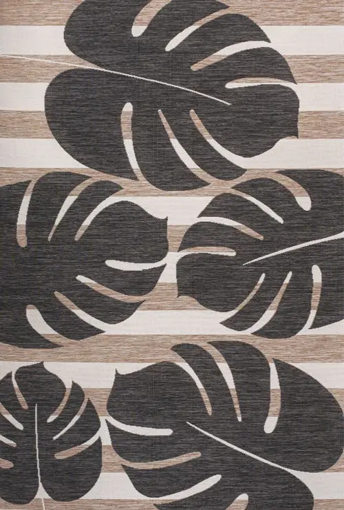 JONATHAN Y Allison Classic Beach Stripe And Monstera Leaf Indoor/outdoor Area Rug - Black/beige