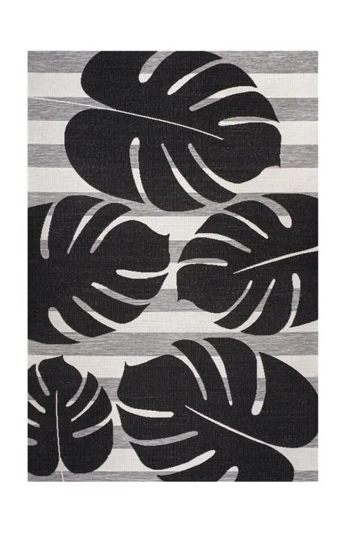 JONATHAN Y Allison Classic Beach Stripe And Monstera Leaf Indoor/outdoor Rug - Black/gray