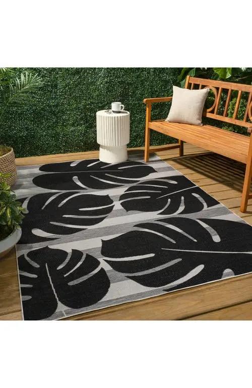 JONATHAN Y Allison Classic Beach Stripe And Monstera Leaf Indoor/outdoor Rug