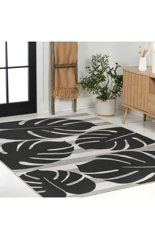 JONATHAN Y Allison Classic Beach Stripe And Monstera Leaf Indoor/outdoor Rug
