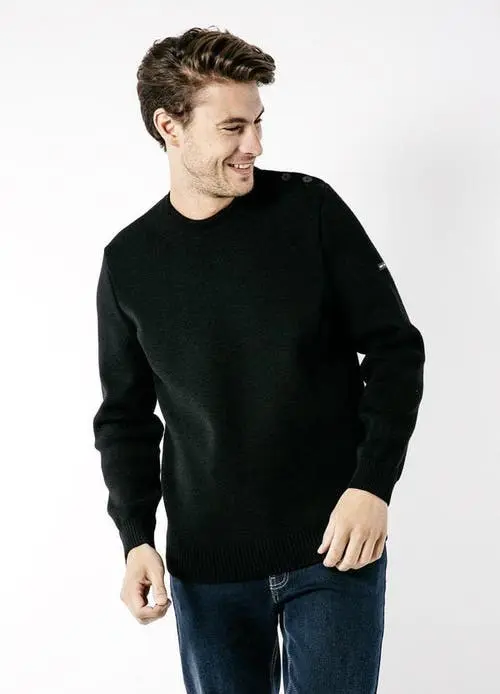 Saint James Cancale Fisherman Wool Sweater With Button Shoulder - Black