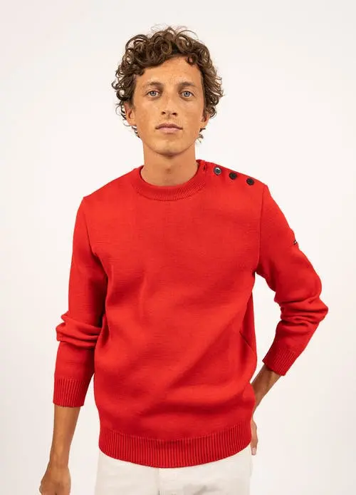 Saint James Cancale Fisherman Wool Sweater With Button Shoulder - Red