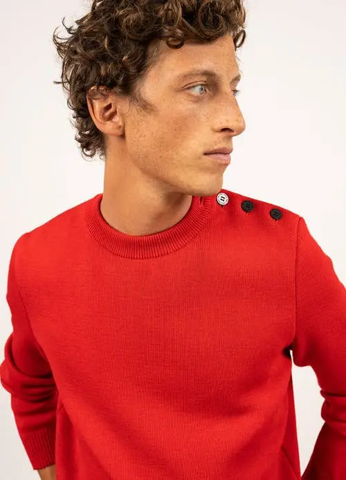 Saint James Cancale Fisherman Wool Sweater With Button Shoulder - Red