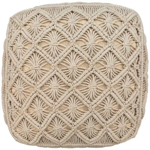 NORTHLIGHT 18" Beige Handmade Macrame Natural Cotton Square Pouf Ottoman