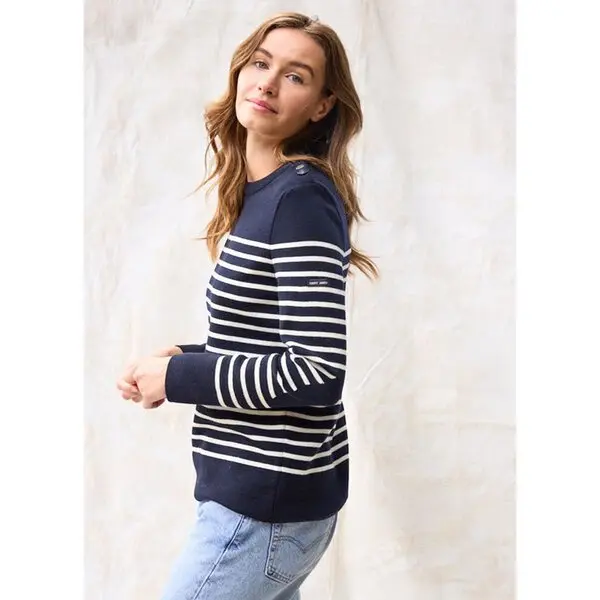 Saint James Bregancon Breton Striped Sweater With Jacquard Elbow Patch - Navy /ivory