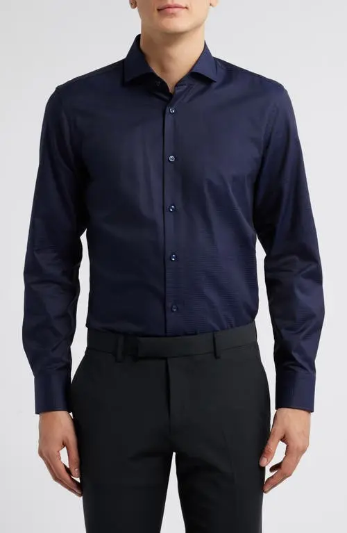 BOSS Hank Slim Fit Solid Blue Cotton Twill Dress Shirt - Dark Blue