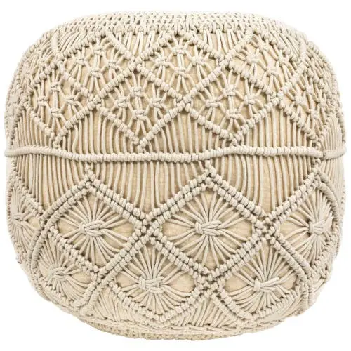 NORTHLIGHT 18" Solid Cream Macrame Round Handmade Natural Cotton Pouf Ottoman - Ivory