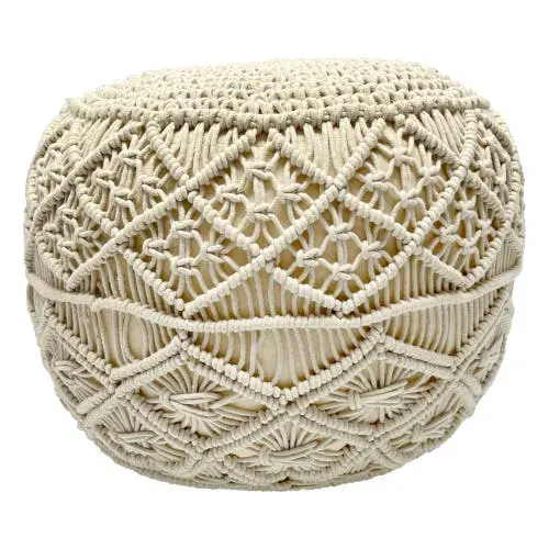 NORTHLIGHT 18" Solid Cream Macrame Round Handmade Natural Cotton Pouf Ottoman