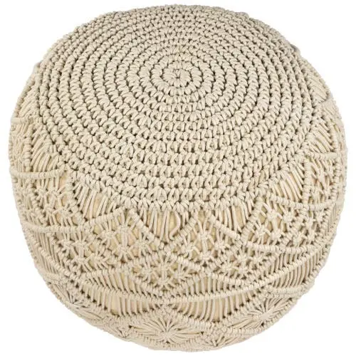 NORTHLIGHT 18" Solid Cream Macrame Round Handmade Natural Cotton Pouf Ottoman